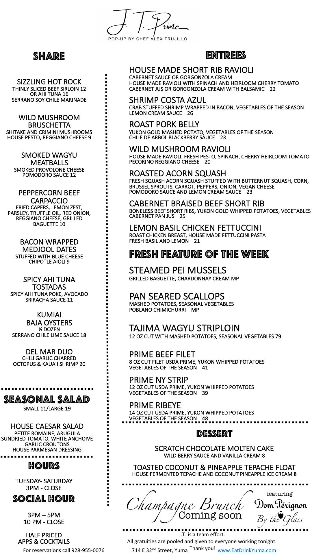 Menu for J.T. Prime Kitchen Yuma, Yuma, AZ - Restaurantji