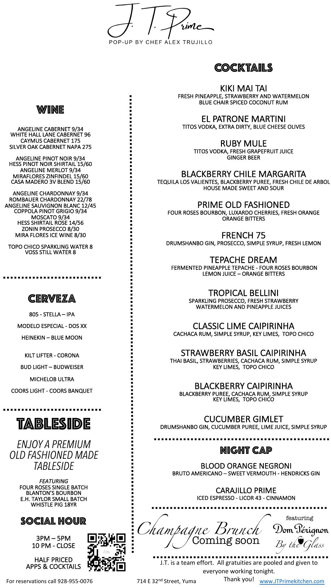 Menu for J.T. Prime Kitchen Yuma, Yuma, AZ - Restaurantji