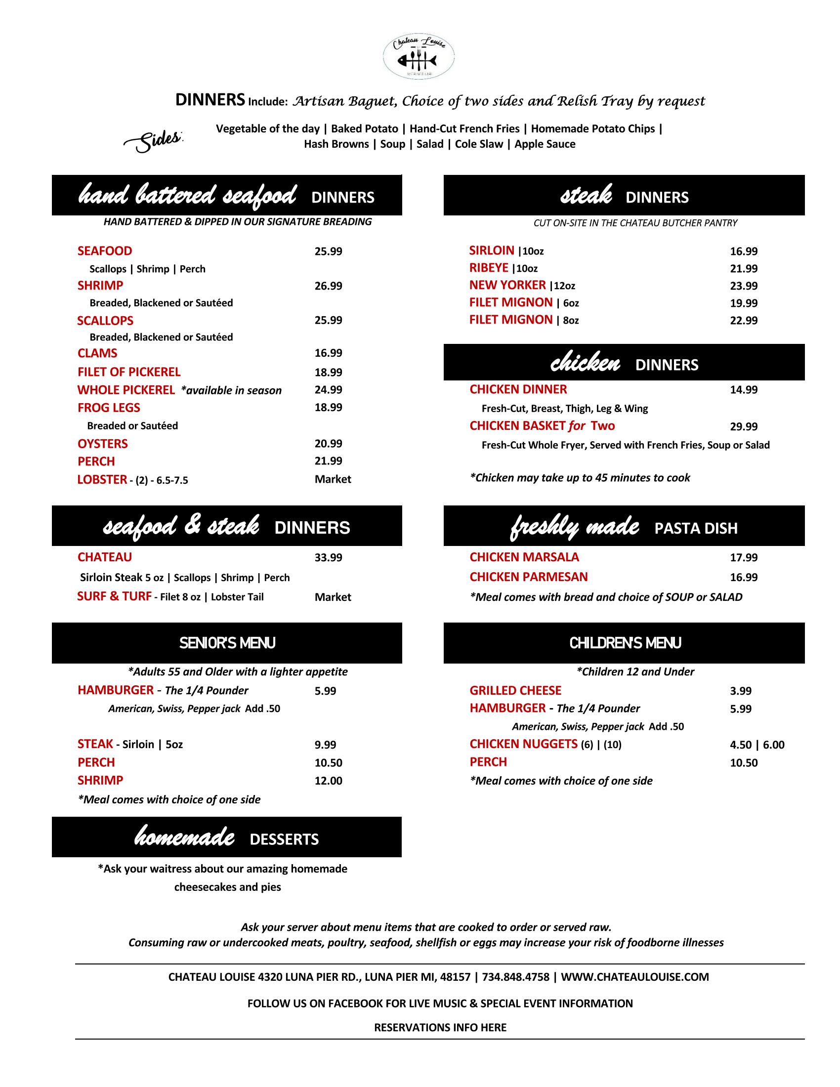 Menu for Chateau Louise Restaurant, Luna Pier, MI - Restaurantji