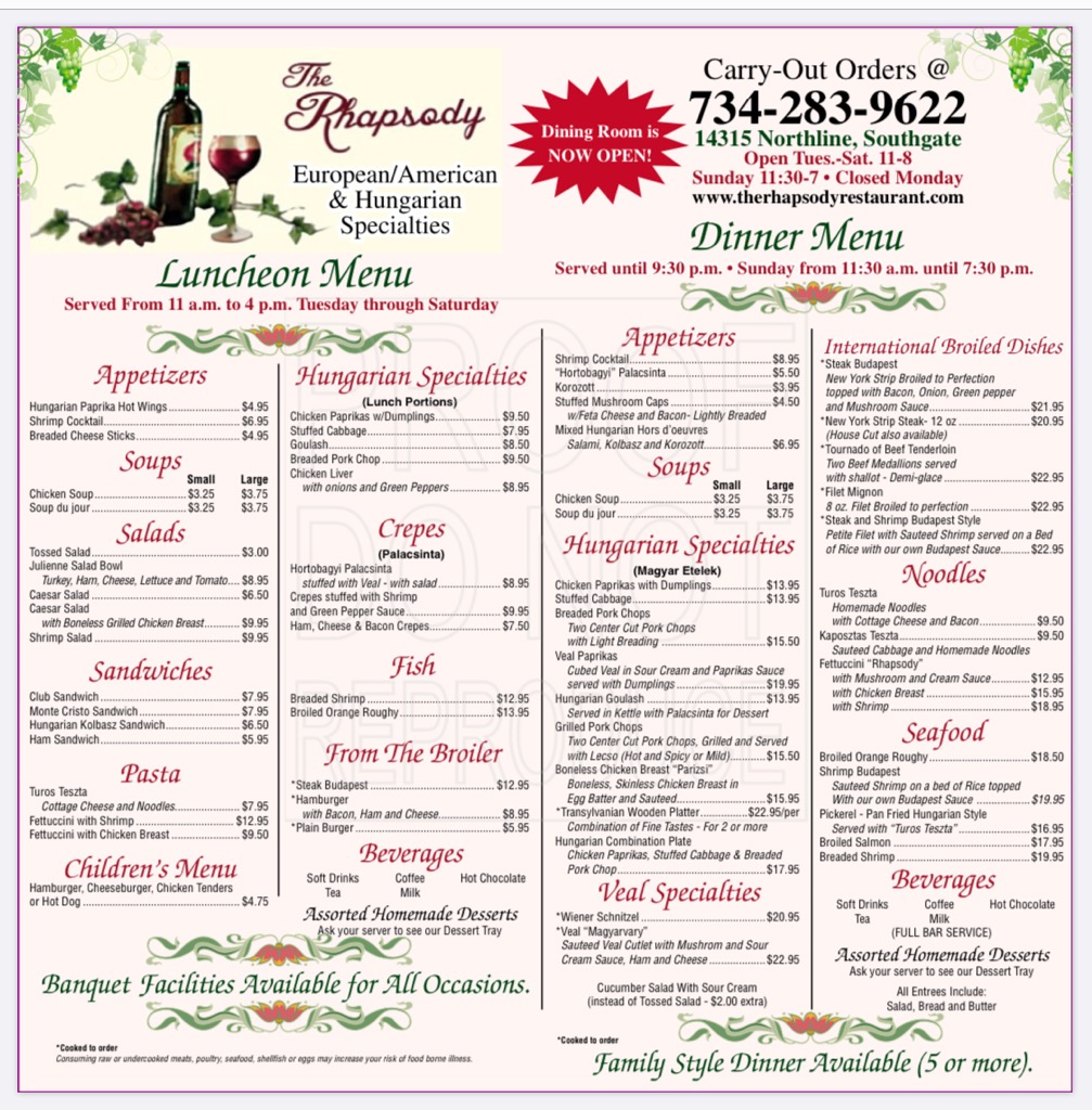 Menu for Hungarian Rhapsody Restaurant, Southgate, MI - Restaurantji