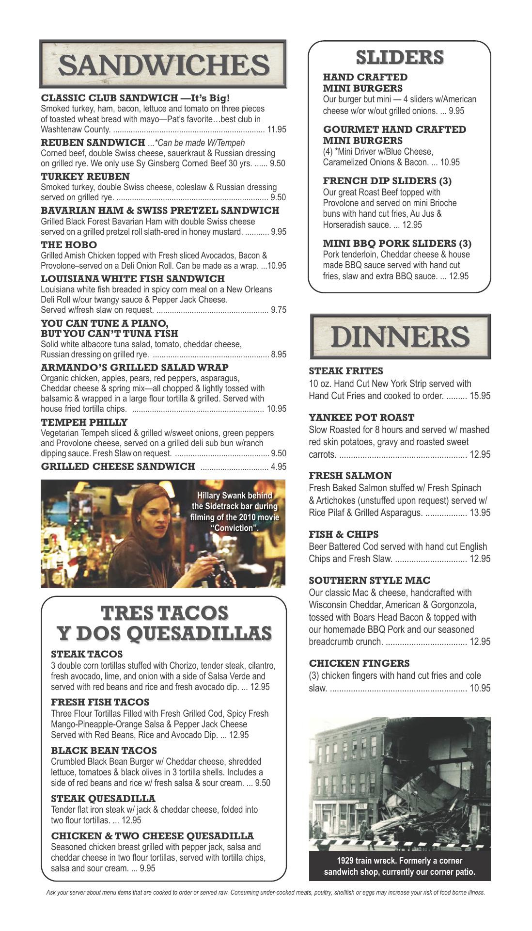 Menu for Sidetrack Bar and Grill, Ypsilanti, MI - Restaurantji