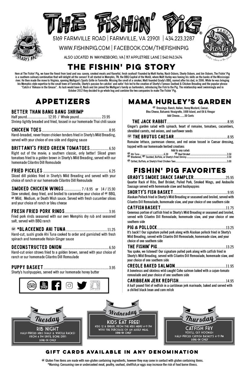 Menu for The Fishin' Pig, Farmville, VA - Restaurantji