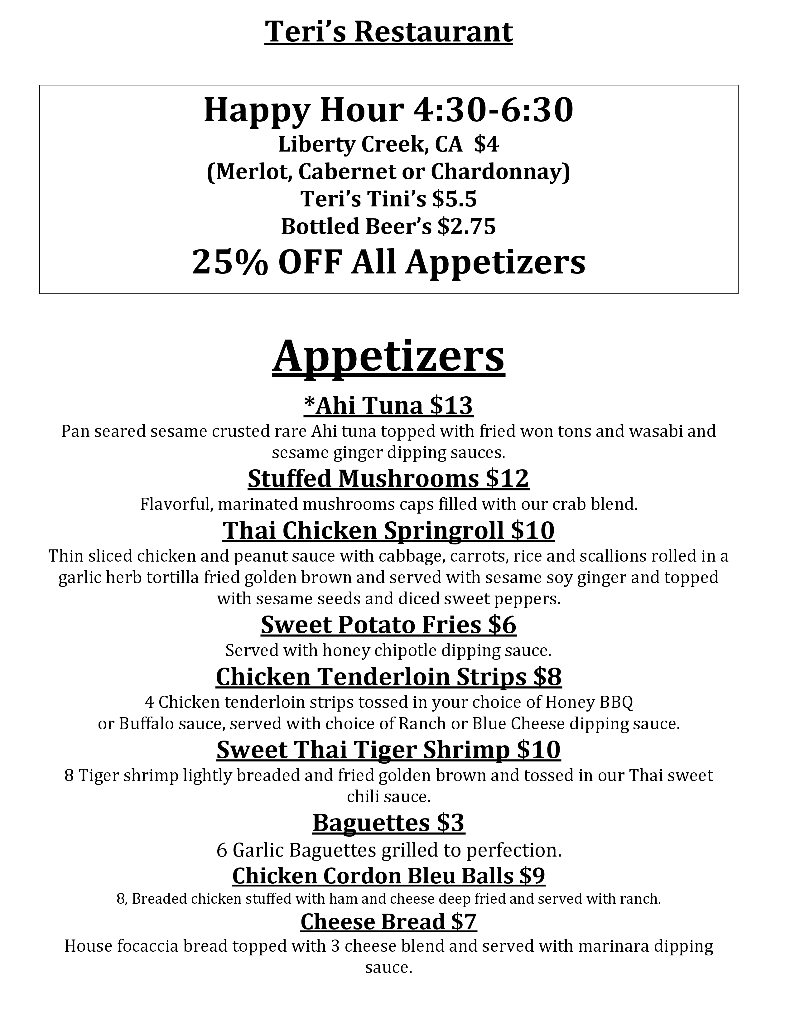 Menu for Teri's on Broadway ( WAS Teri's Restaurant ), Longview, WA ...